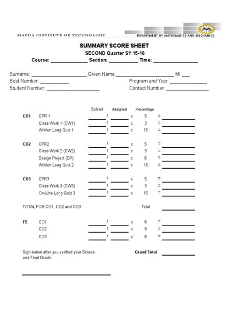 Summary Score Sheet Second Quarter Sy 15 16 Course Section Time
