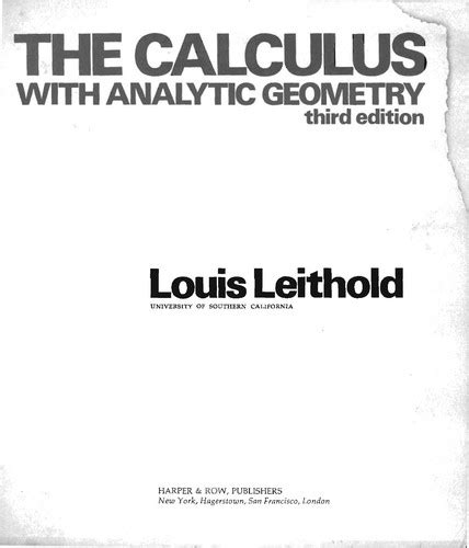 The Calculus With Analytic Geometry By Louis Leithold Open Library