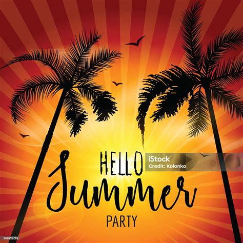 Hello Summer Beach Party Lettering Vacation And Travel Tropical Poster Stock Illustration ...