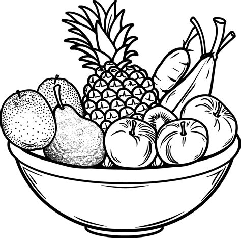 Simple Line Drawing Of A Bowl With Fruit And Vegetables Inside