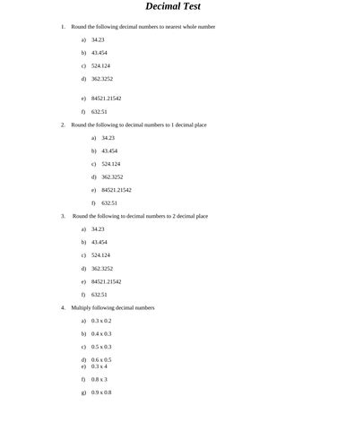 Test On Decimals Teaching Resources