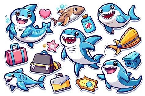 Cute Cartoon Sharks And Underwater Items Stickers Set Premium Ai