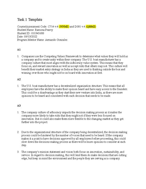 Task 1 Passed No Revisions Task 1 Template Course Assessment Code C714 V Nnm2 And D081 V