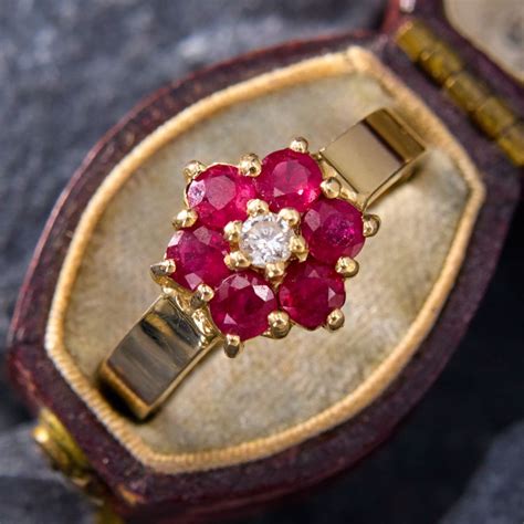 Floral Cluster Diamond And Ruby Ring 14k Yellow Gold