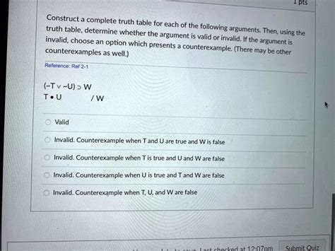 1 Pts Construct A Complete Truth Table For Each Of The Following