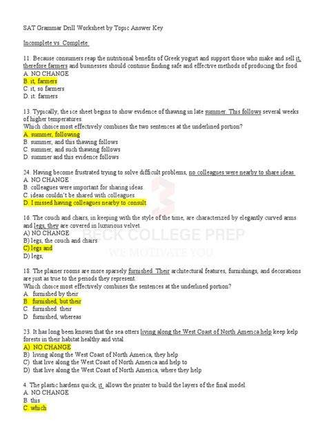 Sat Grammar Drill Worksheet By Topic Answer Key Pdf Libraries