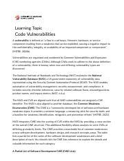 Code Vulnerabilities Pdf Learning Topic Code Vulnerabilities A Vulnerability Is Defined As A
