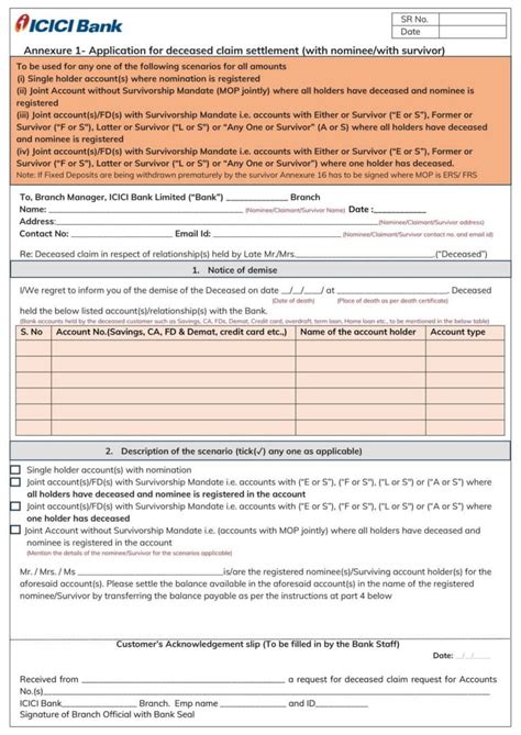 Icici Bank Deceased Claim Settlement With Nominee Application Form
