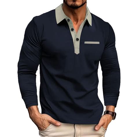 Mens Long Sleeve Lapel Color Block Polo Shirt 90958638x