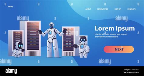 Robots In Server Room Big Cloud Data Analysis Artificial Intelligence