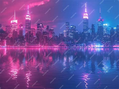 Premium Photo Background Of Neon Cityscape Water With City Skyline