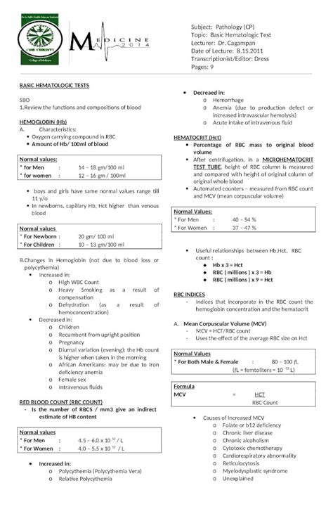 Docx Basic Hematologic Tests Dokumentips