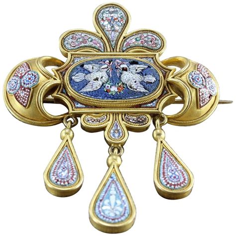 Victorian Italian Micro Mosaic Gold Dove Brooch Micro Mosaic Jewelry