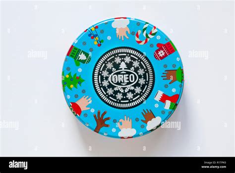 Looking Down On Festive Tin Of Oreo Biscuits Containing Assortment Of