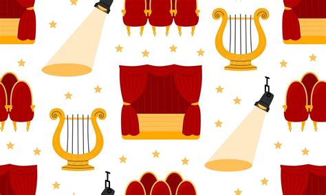 Theater Seamless Pattern Theatre Stage With Red Curtain Theatrical Mask Ticket Lyra