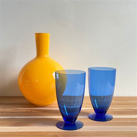 Cobalt Blue Drinking Glasses Set Of 2 Fluted Glass With Pedestal Art Deco Vintage Cocktail