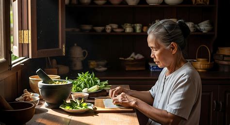 Elderly Asian Woman Cooking In Traditional Kitchen Preparing Food