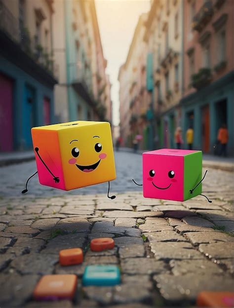 Premium Photo Cute Colorful Cubes Bouncing On The Ground Smiling