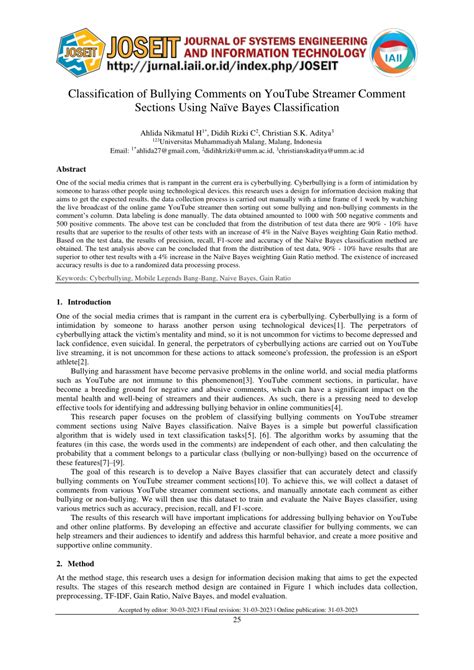 Pdf Classification Of Bullying Comments On Youtube Streamer Comment Sections Using Naïve Bayes