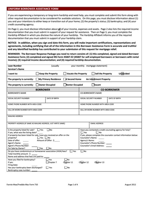 Fillable Form 710 Uniform Borrower Assitance Form Printable Pdf Download