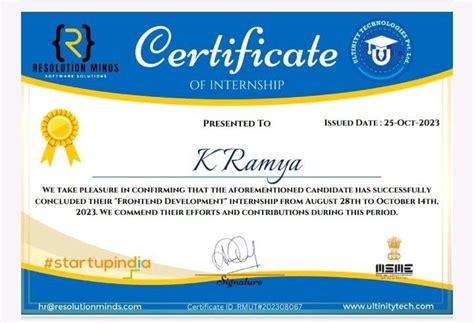 I Got A Certificate For Resolutionminds Platform For Frontend Ramya