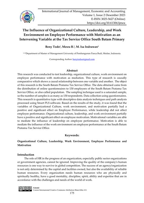 Pdf The Influence Of Organizational Culture Leadership And Work Environment On Employee