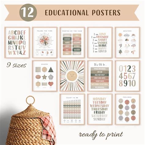 Boho Educational Posters Set 12 Homeschool Prints Montessori