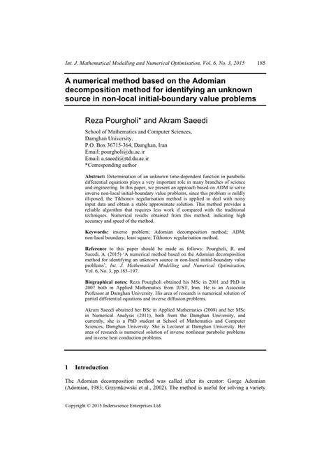 Pdf A Numerical Method Based On The Adomian Decomposition Method For Identifying An Unknown