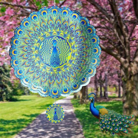 Liranovly Peacock Wind Spinner 3d Metal Hanging 12 Inch Spinfinity Wind