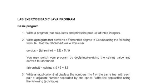 Lab Exercise Cs101 Basic Java Programming Tasks Studocu
