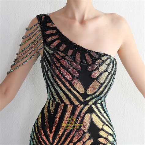 Black One Shoulder Mermaid Sequin Embroidered Prom Dresses Vampal Dresses