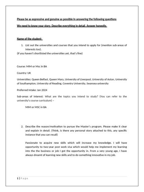 Sop Questionnaire New Blank 1 2 Pdf Learning