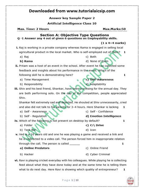Answer Key Sample Paper 2 Ai Class 10 Pdf Artificial Intelligence