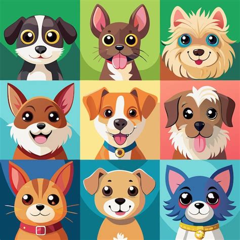 Uma Grade De Nove Cães De Desenho Animado Adoráveis Com Grandes Olhos