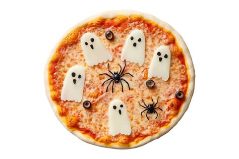 Pizza With Ghost Shaped Cheese Toppings Black Olives And Spider