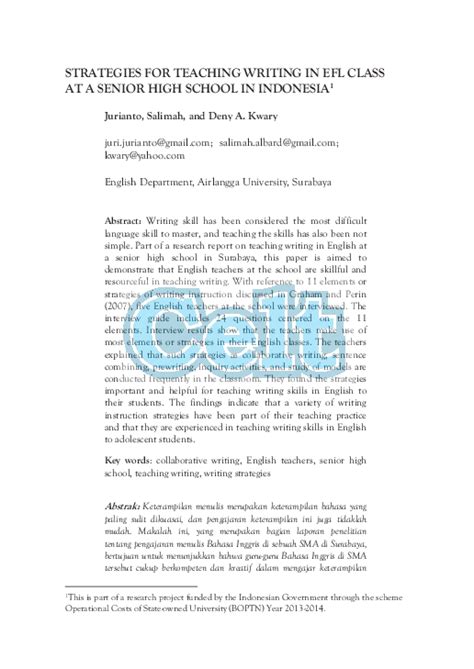 Pdf Strategies For Teaching Writing In Efl Class At A Senior High School In Indonesia1
