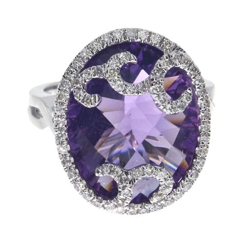 14k White Gold Long Oval Amethyst And Diamond Ring