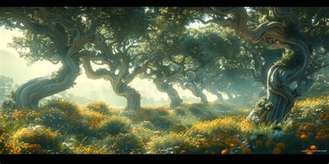 A Cluster Of Tall Leafy Trees Gracefully Sway In The Lush Green Grass As The Gentle Wind