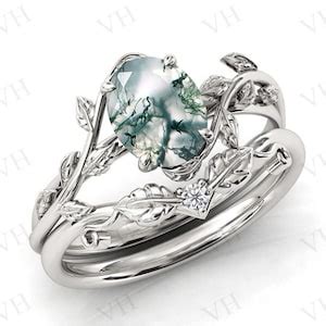Vine Leaf Style Moss Agate Engagement Ring Set 925 Silver Moss Agate
