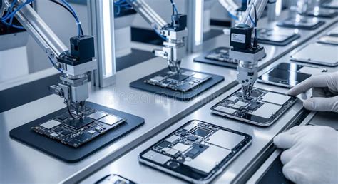 Automated Assembly Line With Robotic Arms Assembling Electronic Devices