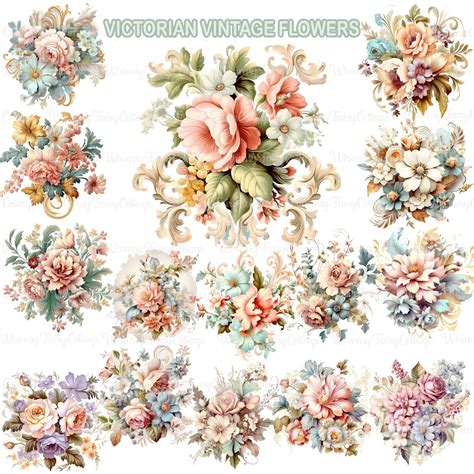 Victorian Vintage Flowers Png Clipart 15 Retro Vintage Floral Etsy