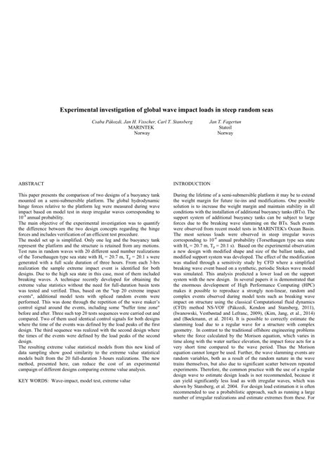 Pdf Experimental Investigation Of Global Wave Impact Loads In Steep Random Seas
