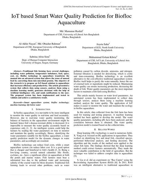 PDF IoT Based Smart Water Quality Prediction For Biofloc Aquaculture