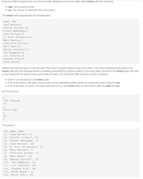 Solved 623 Lab Python Insertupdate Sqlite3 Datafiles We