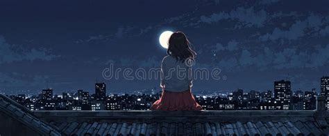 Lonely Anime Girl Sitting On Roof And Looking At The Night City And