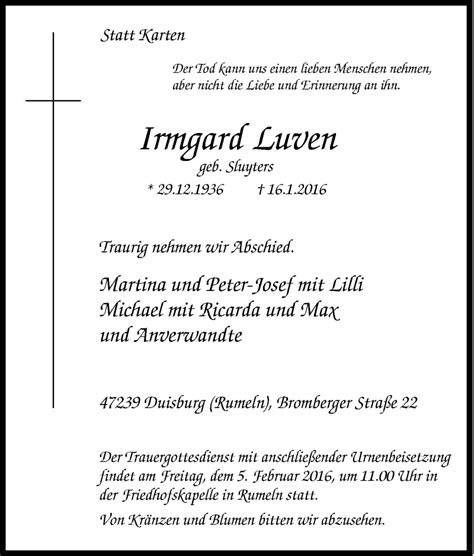 Traueranzeigen Von Irmgard Luven Trauer In Nrw De