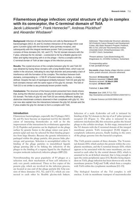 Pdf Filamentous Phage Infection Crystal Structure Of G3p In Complex