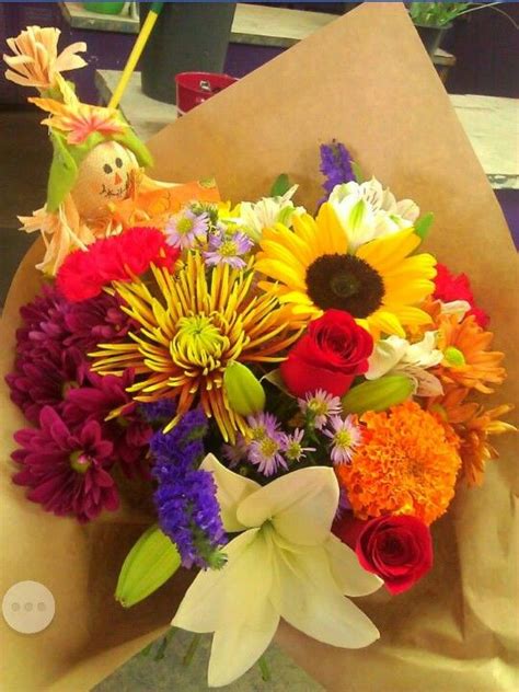 Fall Flower Bouquet With Sunflower And Red Roses