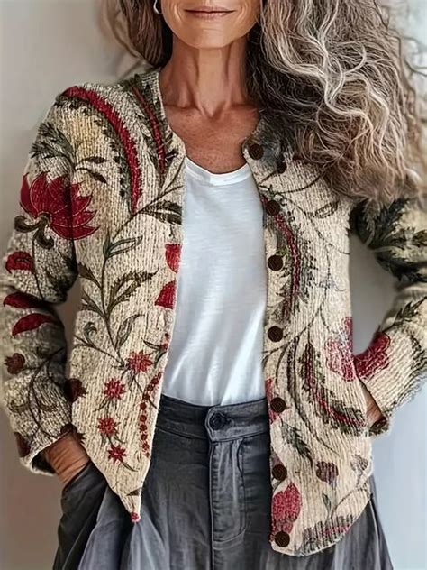 Women Floral Printing Long Sleeve Crew Neck Vintage Spring Fall