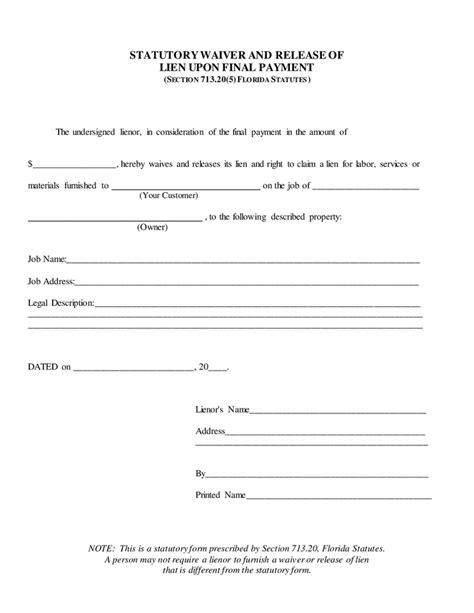 Statutory Waiver And Release Oflien Upon Final Payment Florida In